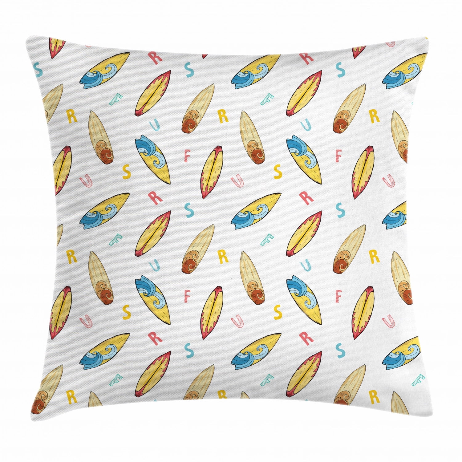 Surfboard Throw Pillow Cushion Cover, Hand Drawn Sketch Style Longboard ...