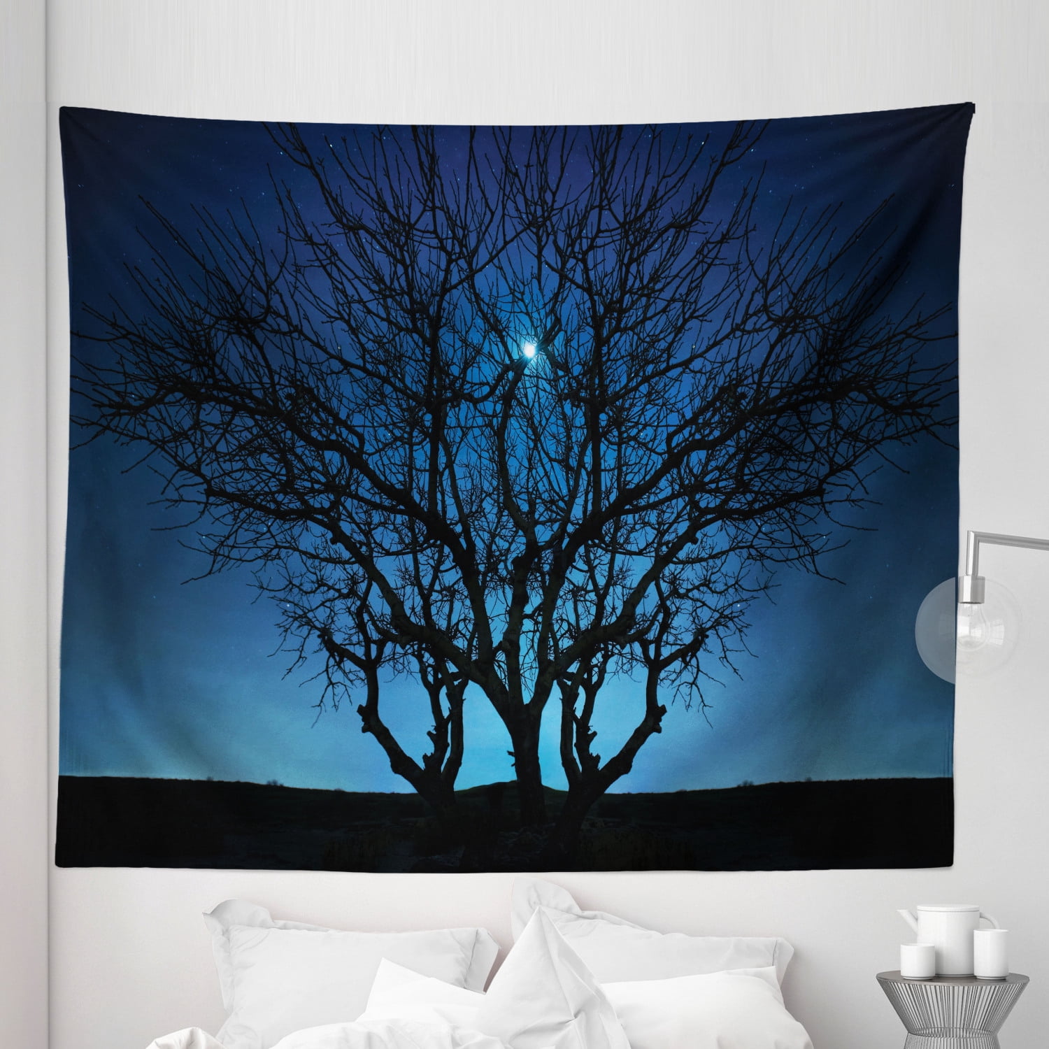 Navy Blue Tapestry, Tree Under Clear Night Sky with Moon and Stars ...