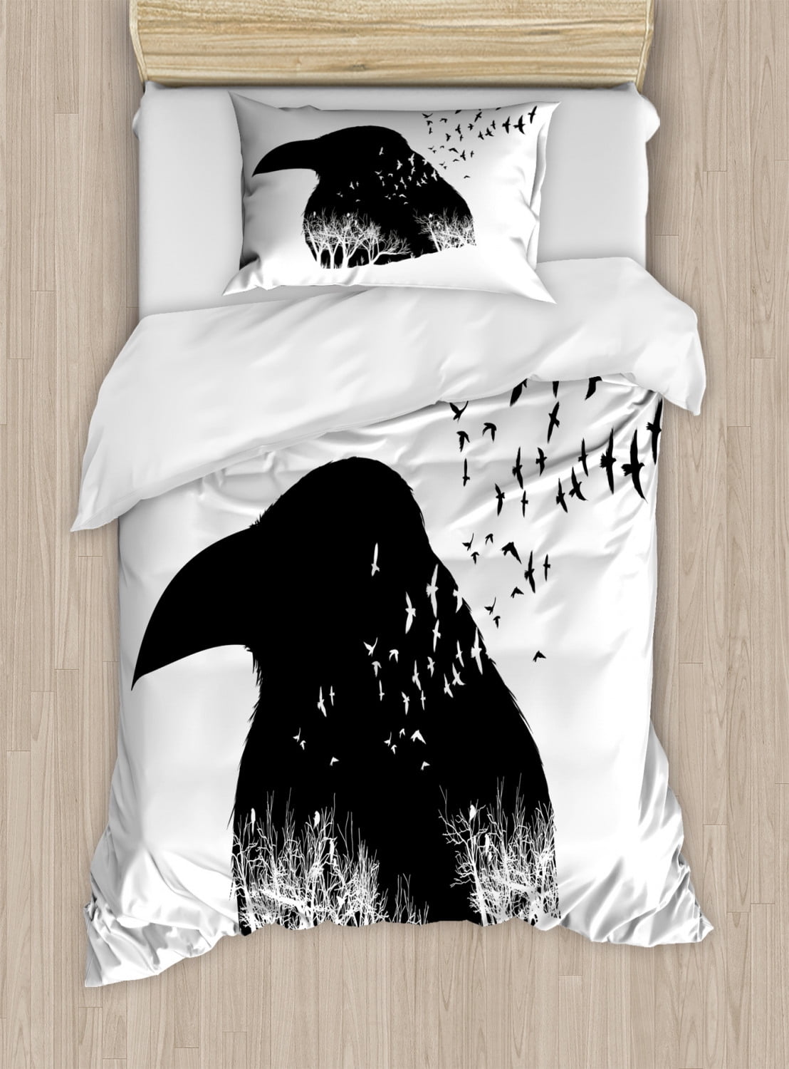 Black Crow Duvet Cover Set Twin Size, Double Exposure Effect Silhouette ...