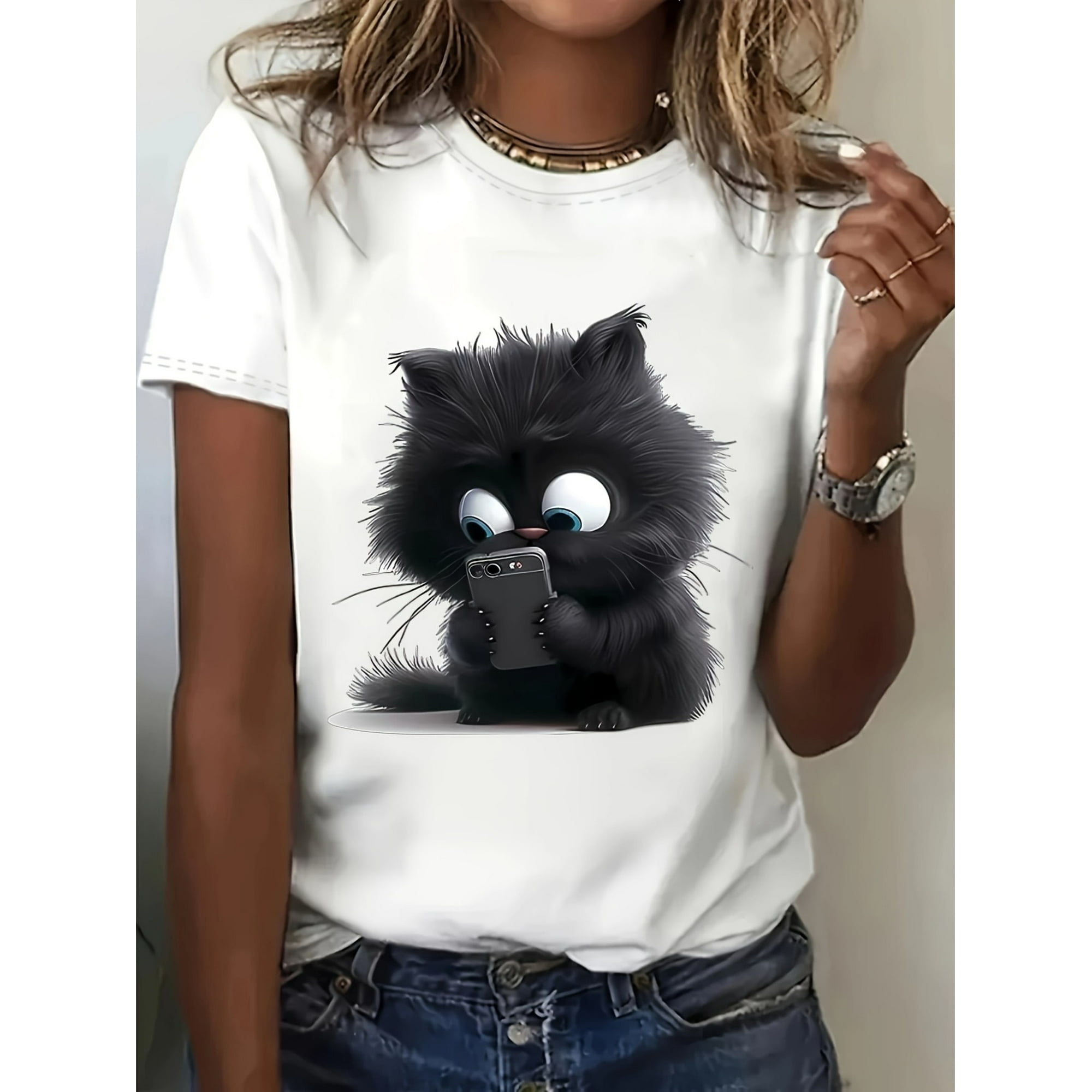 Click here for Generic Whimsical Cartoon Cat Print T-Shirt  Crew... prices