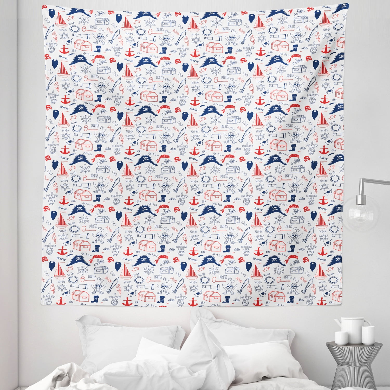 Pirates Tapestry, Hand Drawn Style Criminal Sea Adventurer Pattern ...