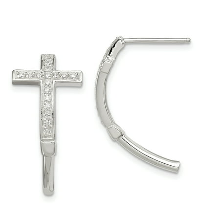 925 Sterling Silver Cubic Zirconia Cz Cross Religious J Hoop Post Stud ...
