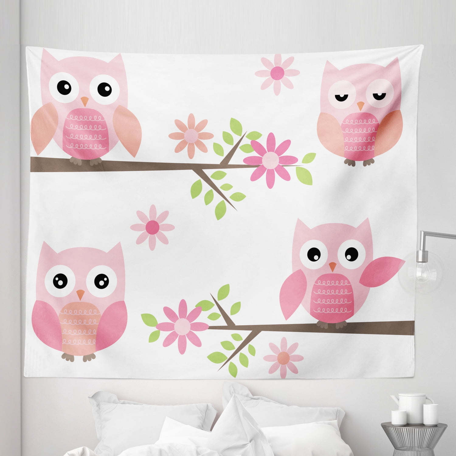 Owl Tapestry, Owls Waving in the Floral Tree Springtime Girly Design ...