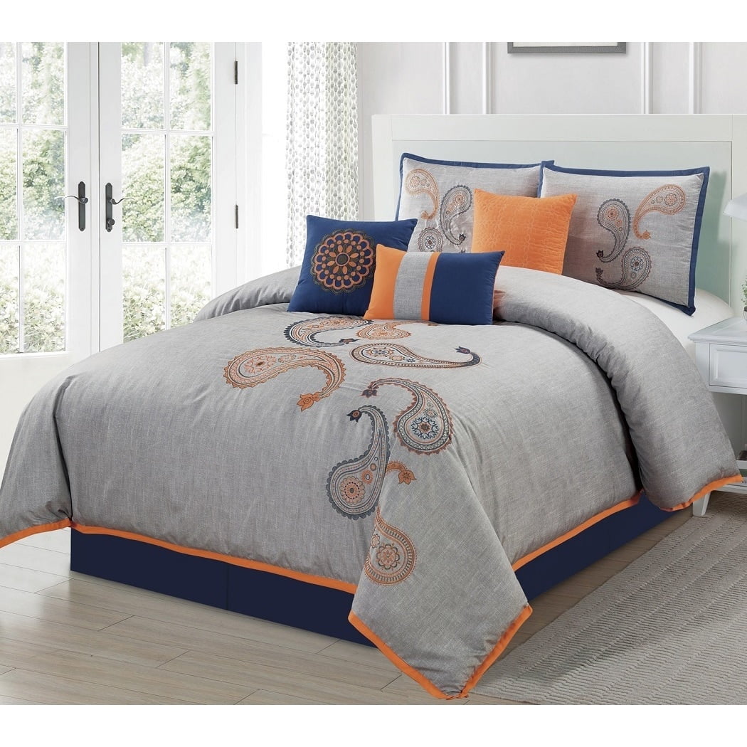 Chezmoi Collection 7-Piece Navy Orange Paisley Floral Embroidery ...