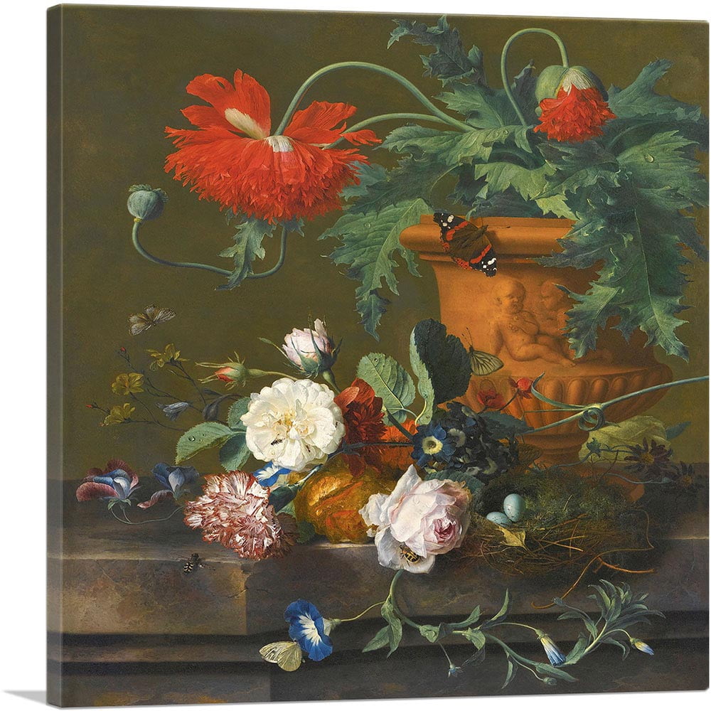 ARTCANVAS Still Life Poppies Terracotta Vase Roses Carnation Bird's ...