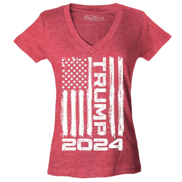Shop4ever Shop4ever Womens Trump Flag 2024 Slim Fit V Neck T Shirt
