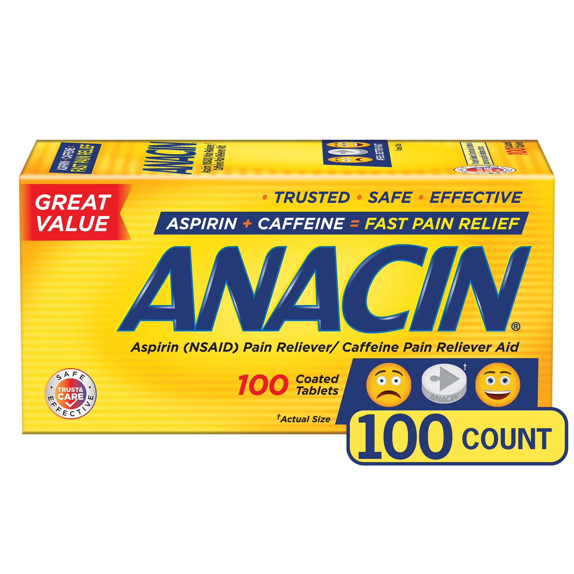 Anacin Fast Pain Relief Pain Reducer Aspirin Tablets, 100 Tablets ...