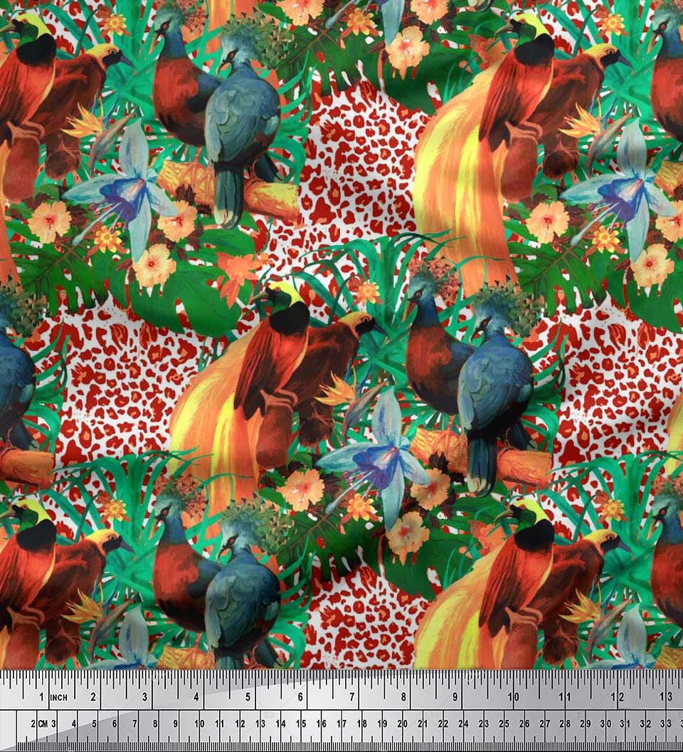Soimoi Velvet Fabric Tropical Leaves,Crowned Pigeon & Bird Of Paradise ...
