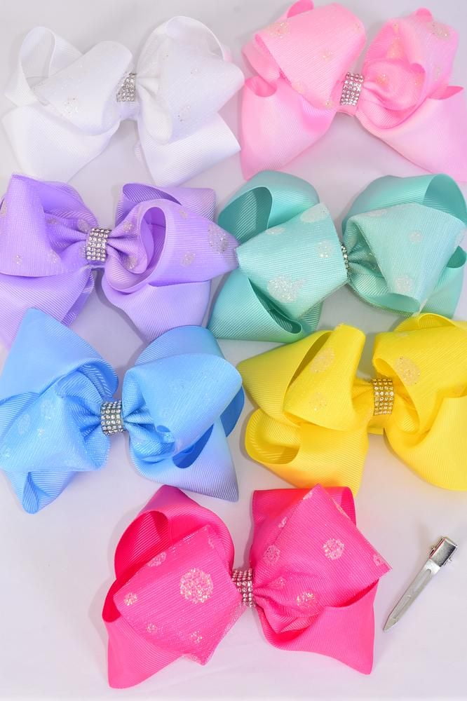 Hair Bow Jumbo Double Layered Center Mesh Metallic Dots Clear Stones ...