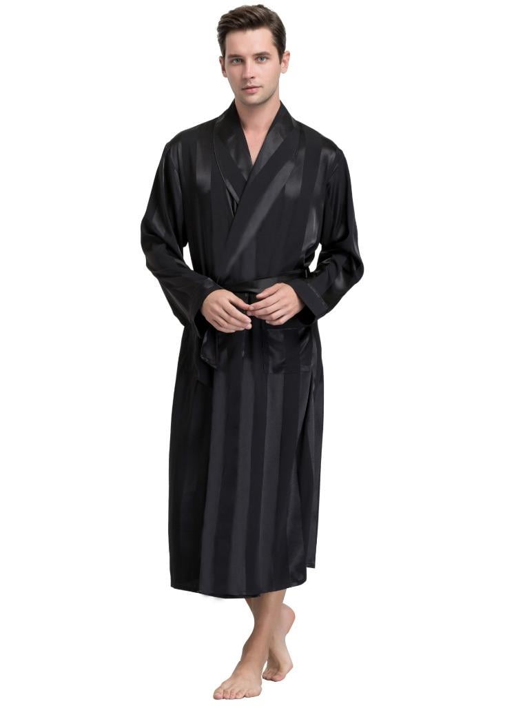 LONXU Men's Pajamas Long Sleeve Silk Satin Robe Luxury Drawstring ...