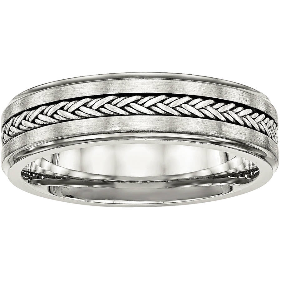 Stainless Steel Polished & Brushed w/Silver Braid Inlay Ring - Walmart.com