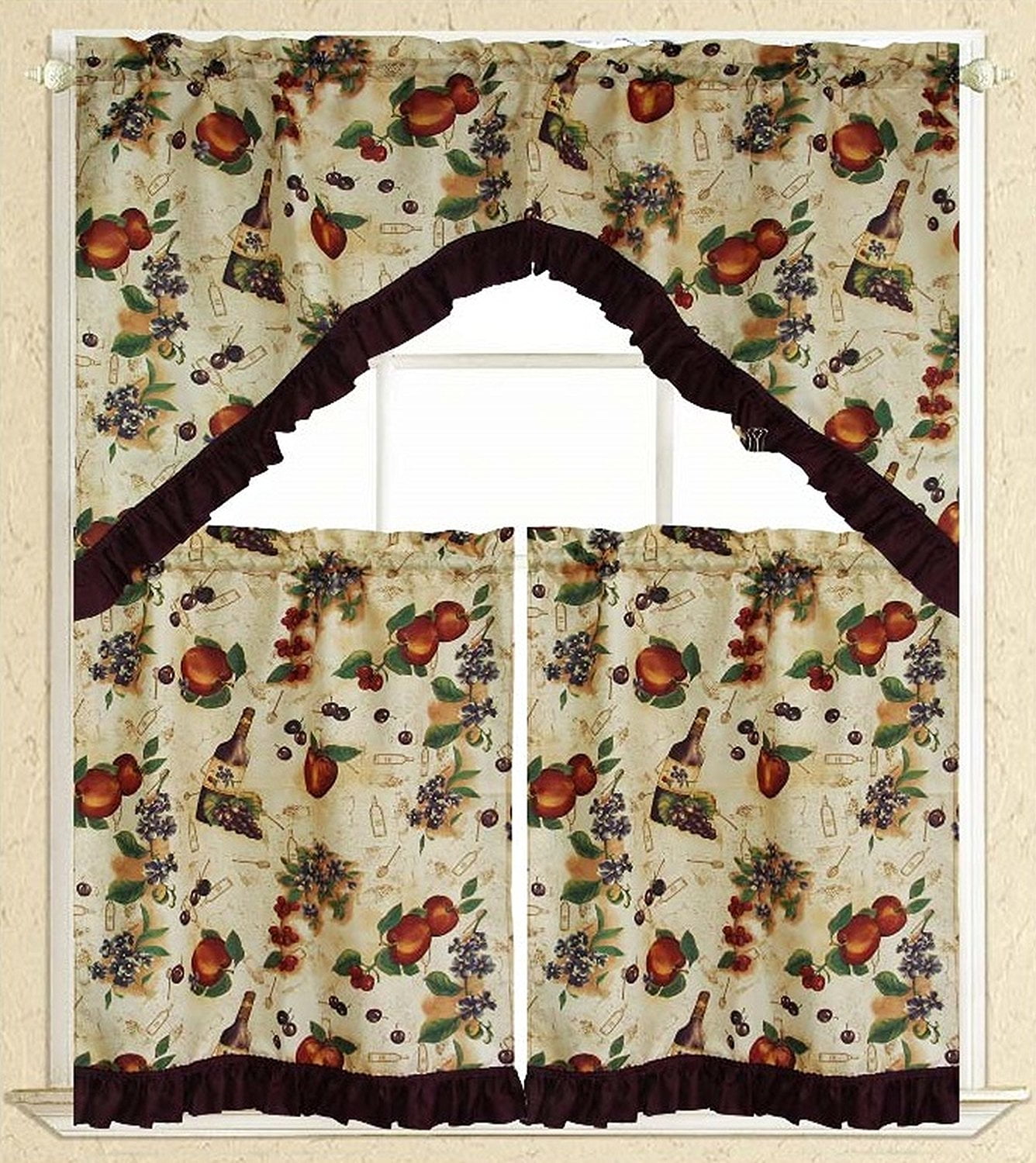 Elegance Linen® Embroidered 3-Piece Kitchen Curtain Window Treatment ...