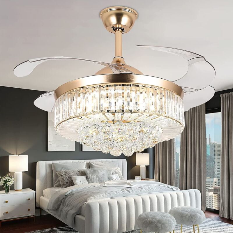 EASYG Crystal Ceiling Fan with Light,36"Gold Crystal LED Invisable ...