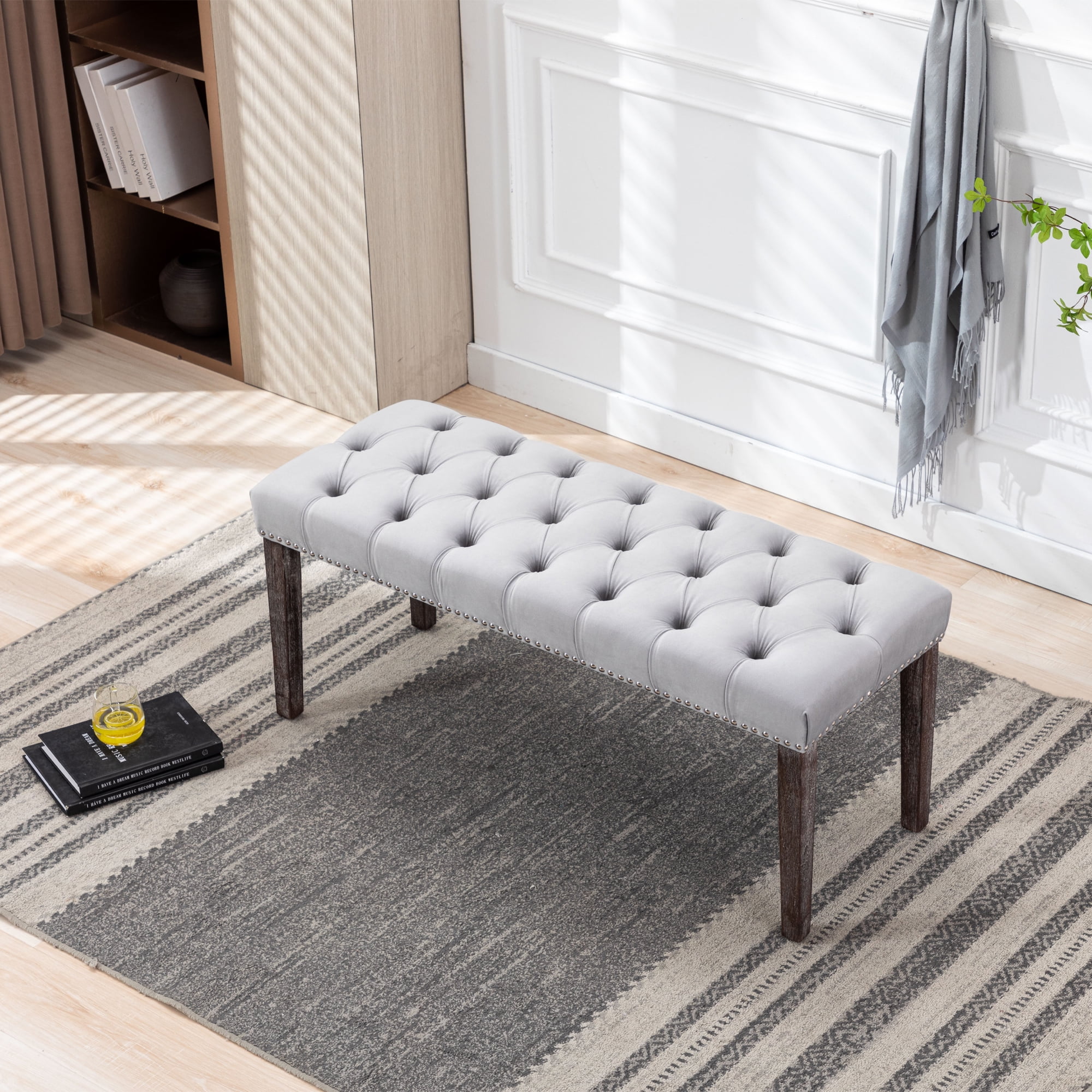 Modern Button-Tufted Bench, Light Gray Fabric Upholstered Ottoman Bench ...