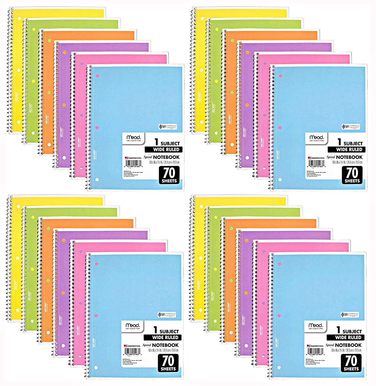 Mead Spiral Notebook, 24 Pack of 1-Subject Wide Ruled, Pastel Color ...
