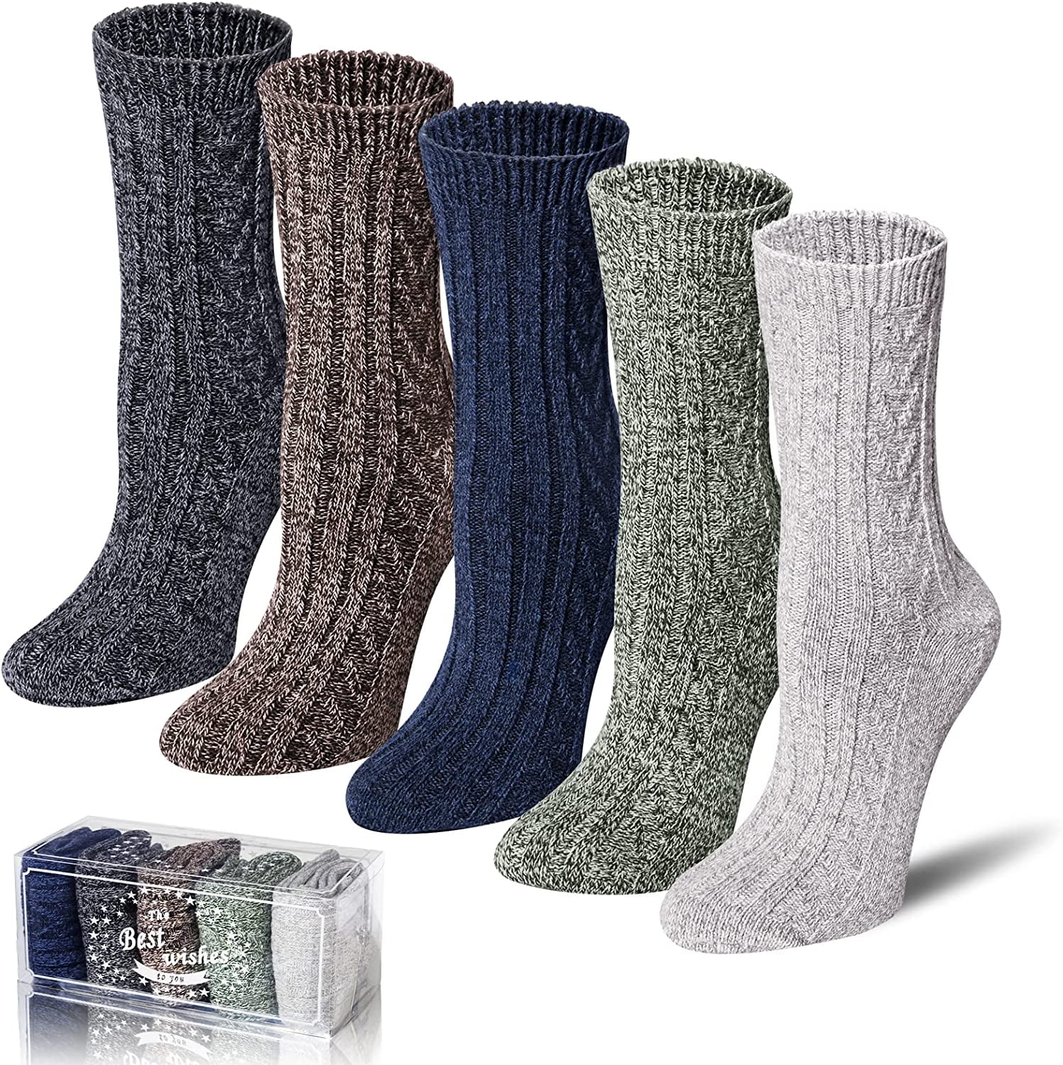 QWZNDZGR 5 Pairs Merino Wool Socks Winter Warm Thick Knit Casual Crew ...