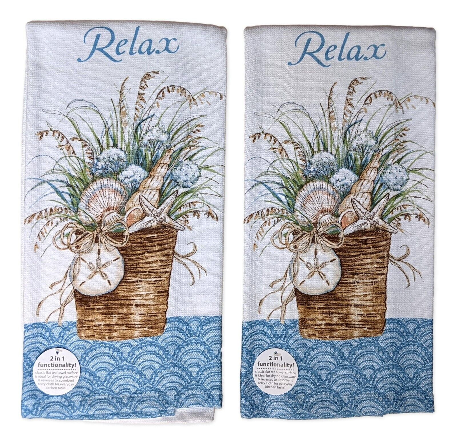 Set of 2 COASTAL SANCTUARY Sea Treasures Terry Kitchen Towels by Kay ...