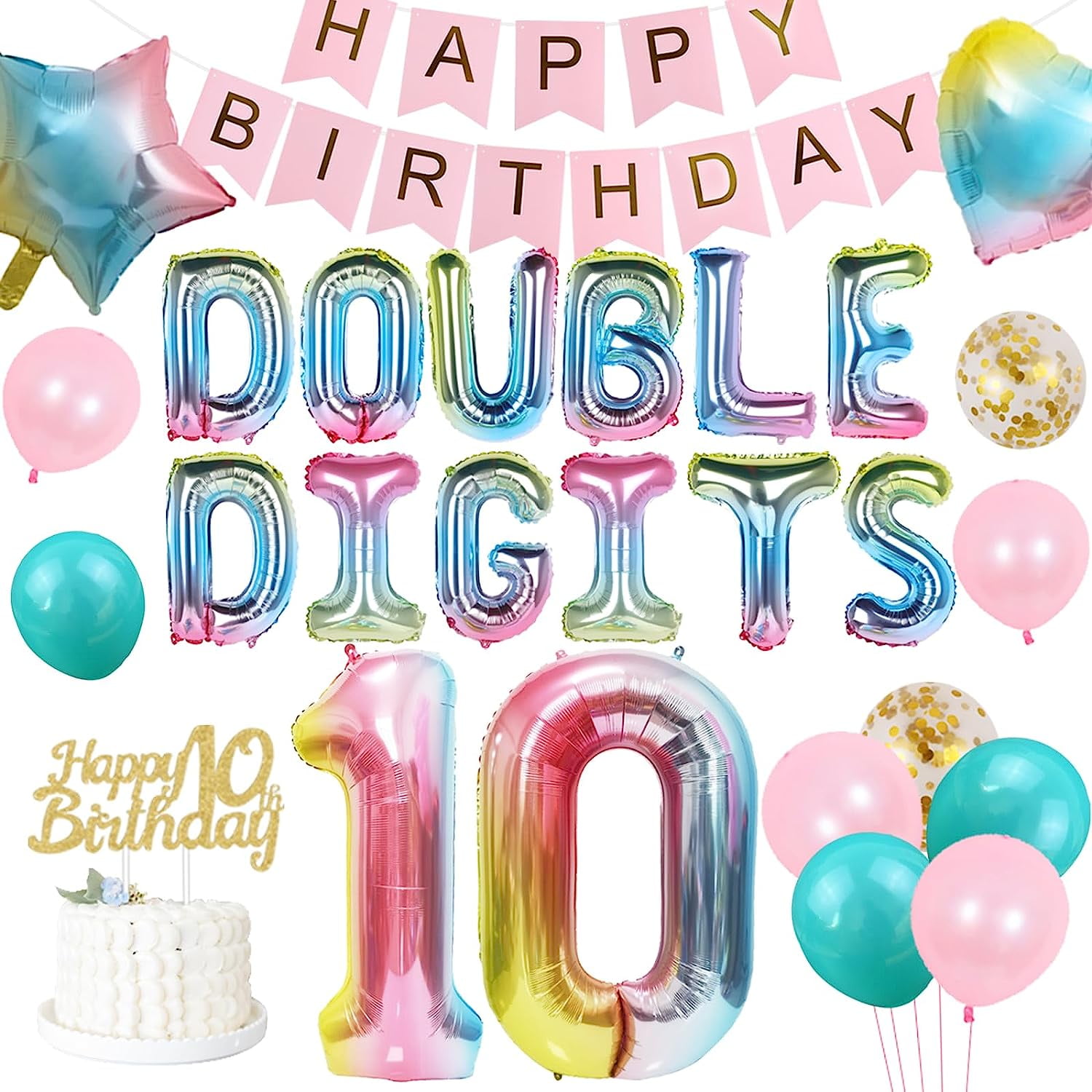 10th Birthday Decorations for Girls Rainbow, Pastel Double Digits ...
