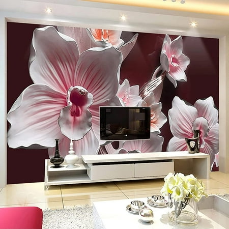 Modern Art Relief Pink Floral Flowers Mural Wallpaper, Panoramic Custom ...