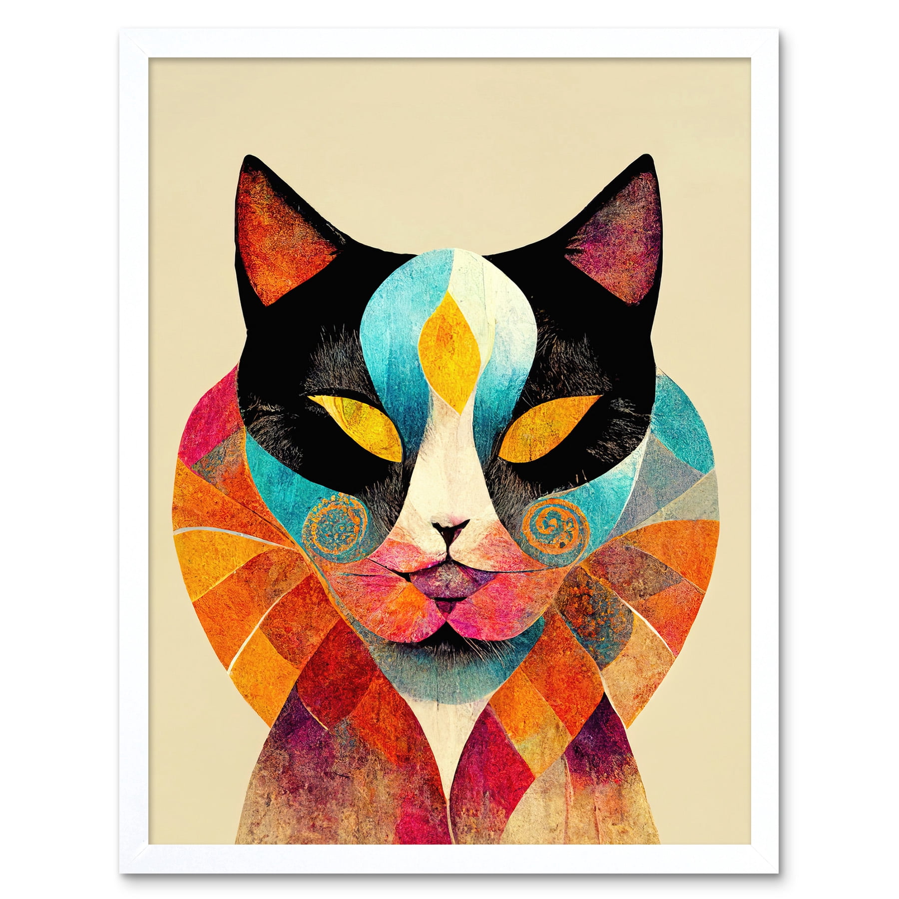 Colourful Boho Abstract Cat Illustration Art Print Framed Poster Wall ...