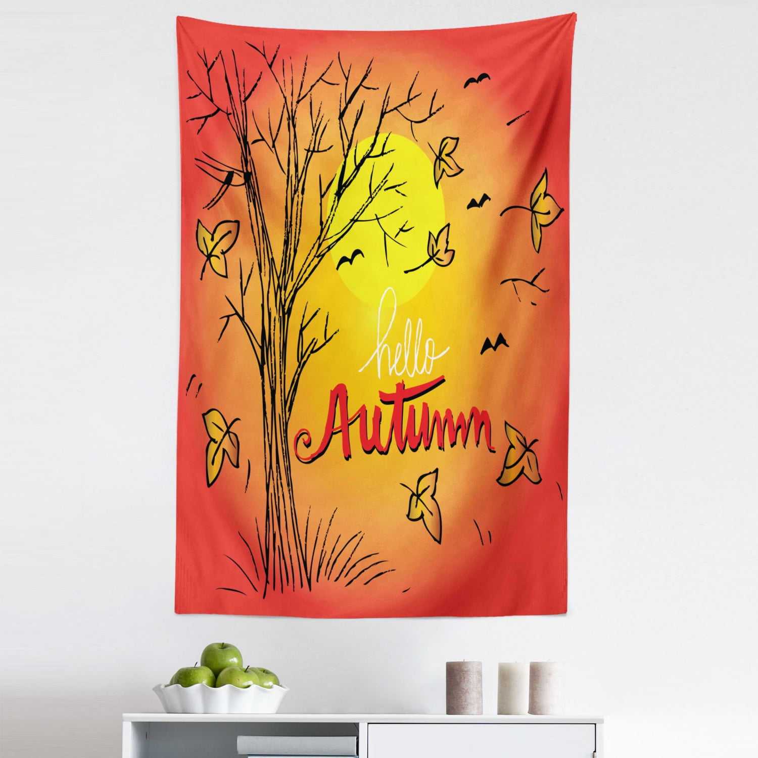 Autumn Tapestry, Hand Drawn Fall Landscape with a Words Warm Colored ...
