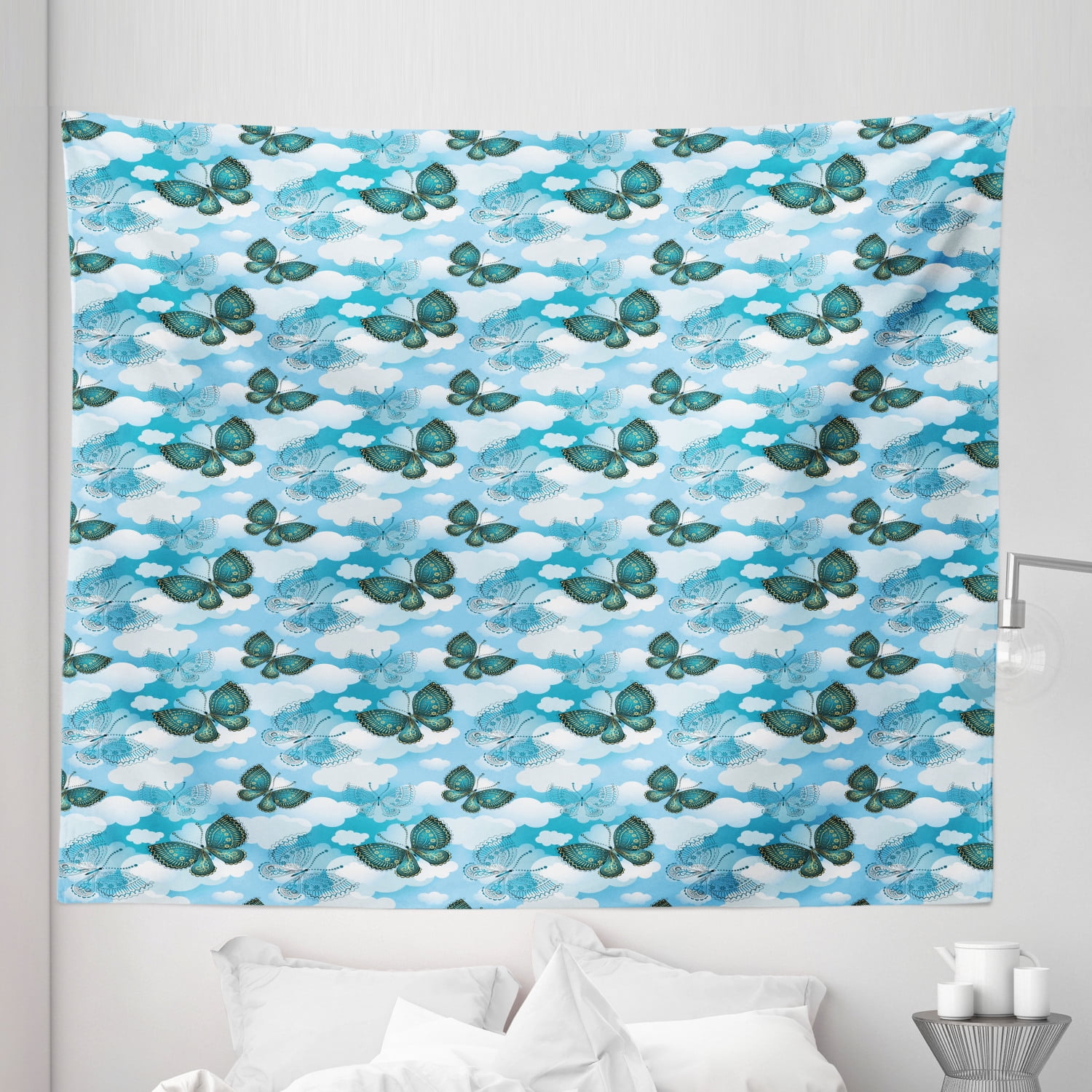Butterfly Tapestry, Floral Ornamental Moths in Sky with Clouds, Fabric ...