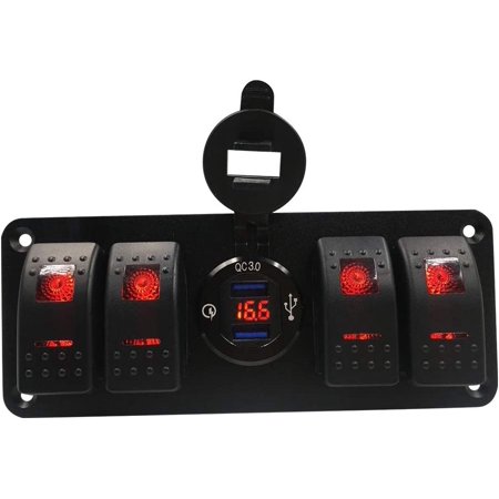 Switchtec 4 Gang Rocker Switch Panel, QC 3.0 USB Charger Voltmeter, RED ...