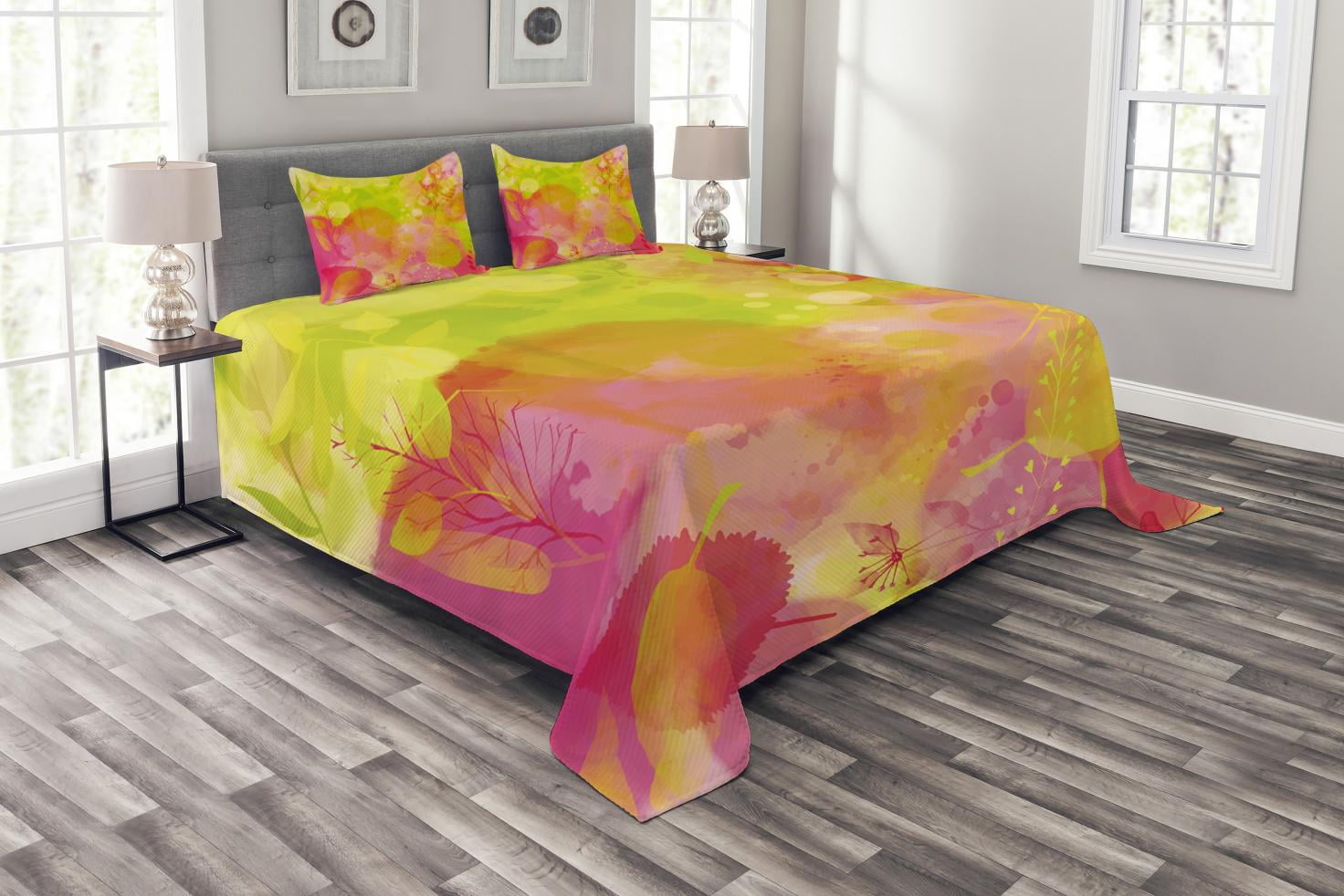 Pastel Bedspread Set King Size, Nature Inspired Watercolor Paintbrush ...