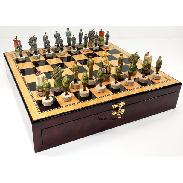 WW2 US vs Germany Chess Set W 17" Walnut & Maple Color Storage Board ...