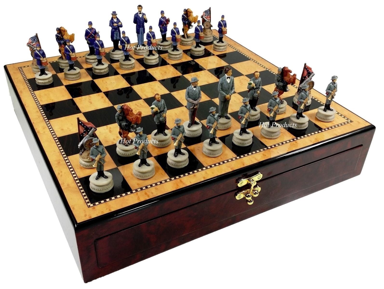 US American Civil War Generals Chess Set 17" Gloss Walnut Color Storage ...