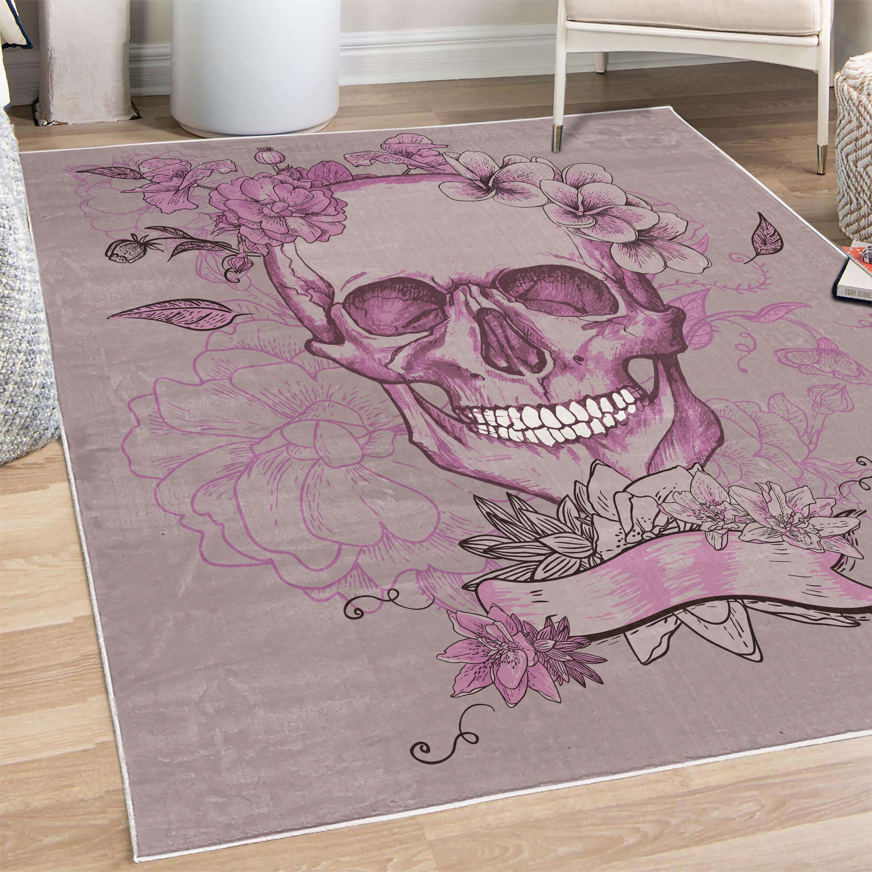 Grunge Decorative Rug, Skull and Flowers Day of the Dead Mexican ...