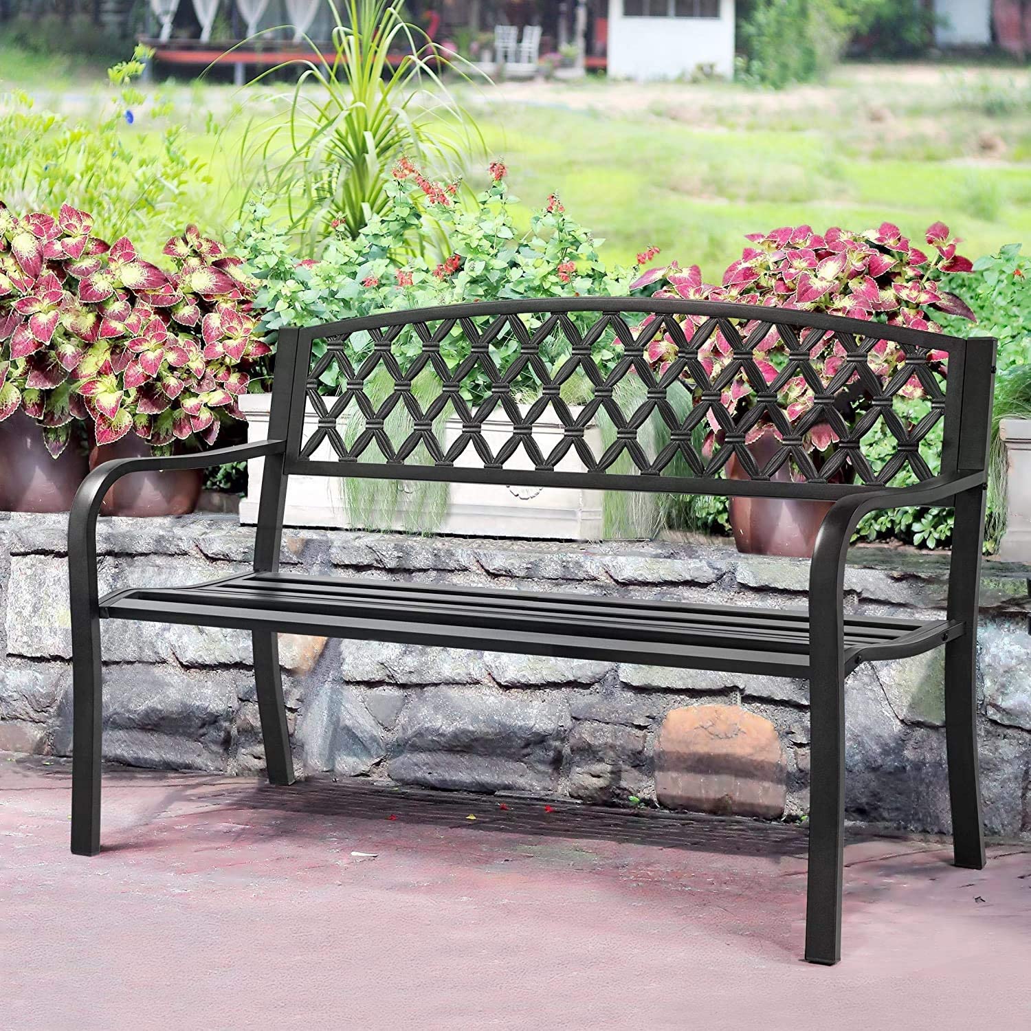 NiamVelo 50" Outdoor Garden Bench 400 lbs Patio Metal Bench Chair with ...