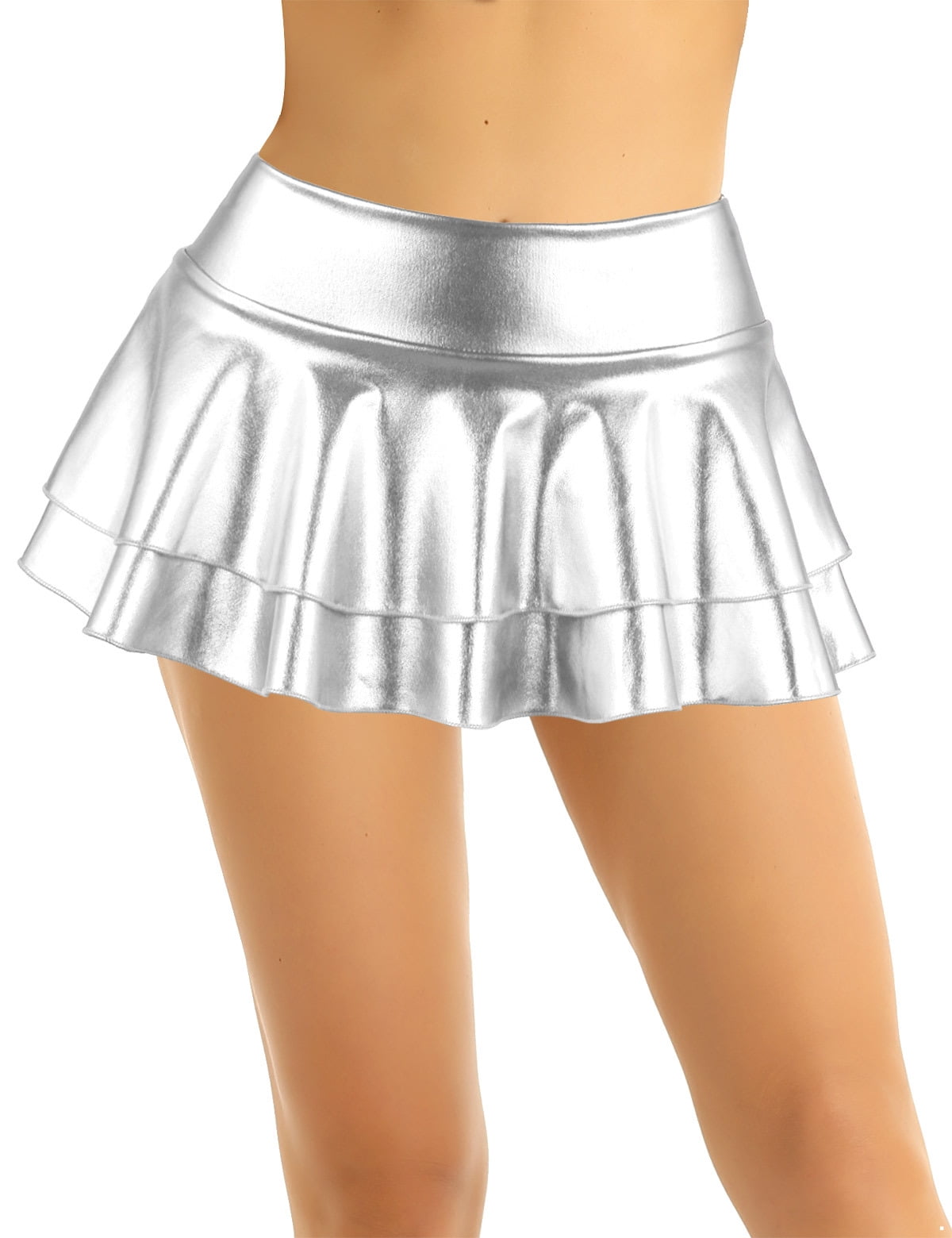 iEFiEL Womens Low Rise Ruffled Mini Skirt Shiny Metallic Layered Rave ...