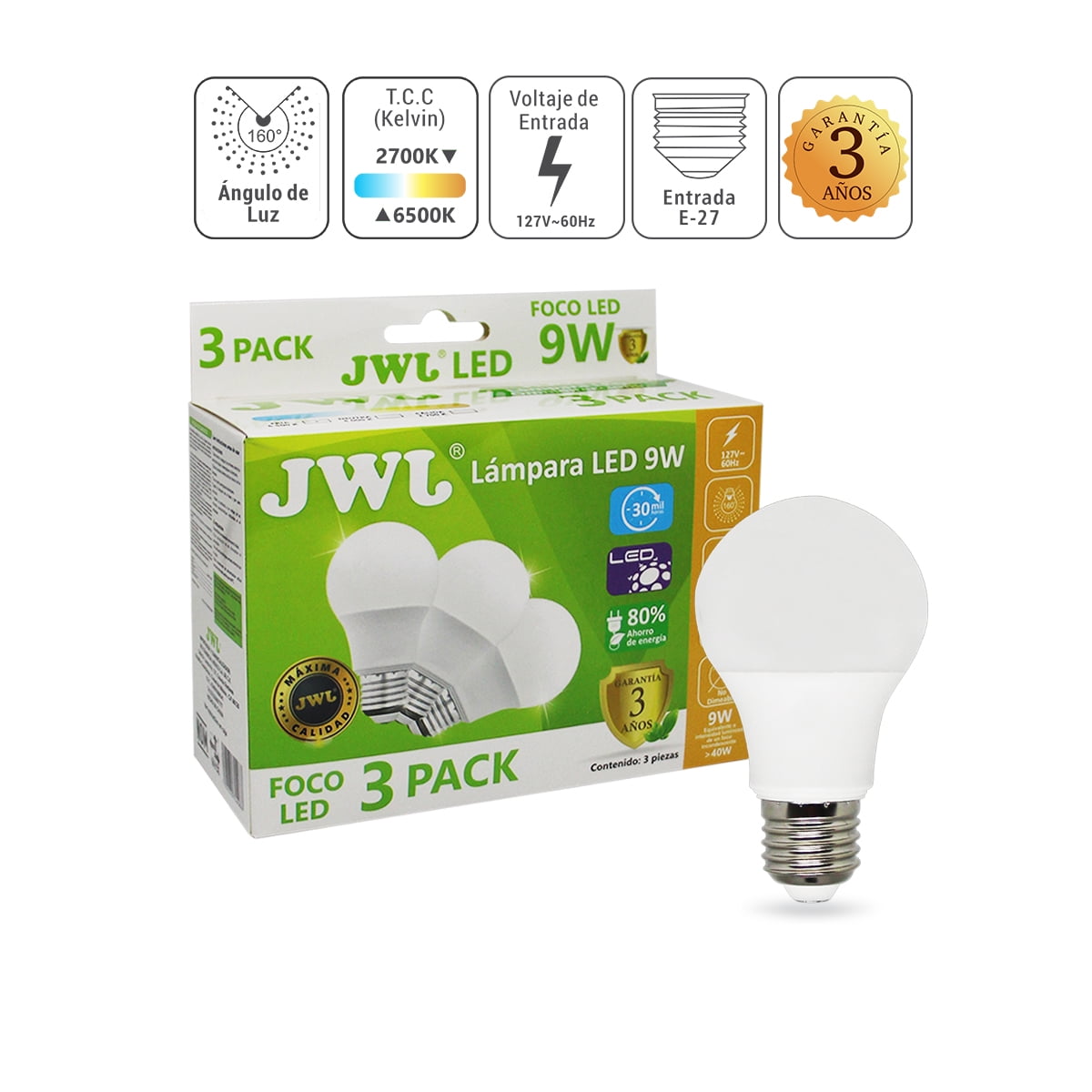 FOCO TIPO BULBO 9W LUZ BLANCA ENTRADA E27 12 PIEZAS JWJ JWJ FOCO TIPO ...