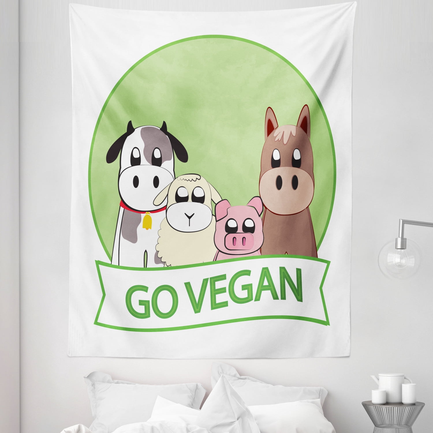 Vegetarian Tapestry, Cartoon Style Farm Animals and the Go Vegan Slogan ...