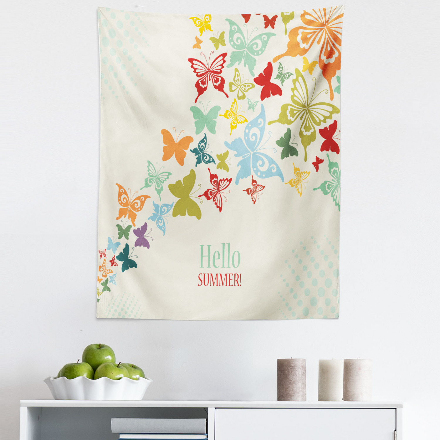 Colorful Tapestry, Vintage Background with Butterflies and Dots Hello ...