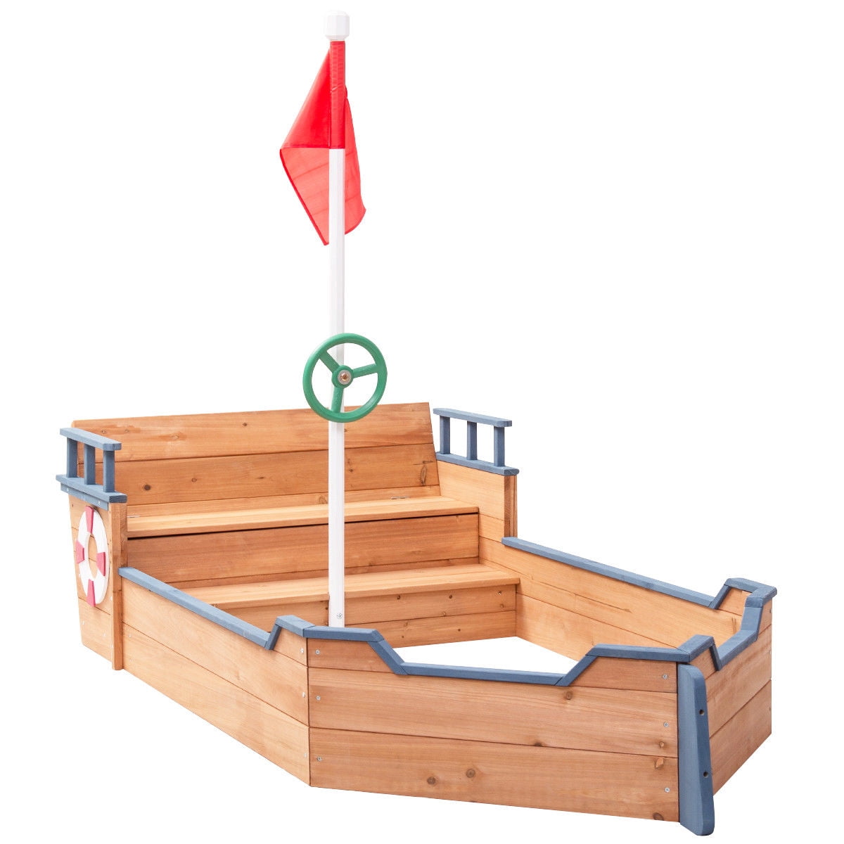 Pirate Boat Wood Sandbox for Kids W/ Bench Seat and Flag Pirate Sandbox ...