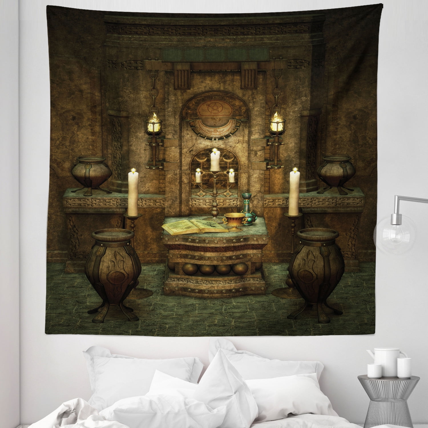 Gothic Tapestry, Room with Altar in Fantasy Style Spells Pentagram and ...