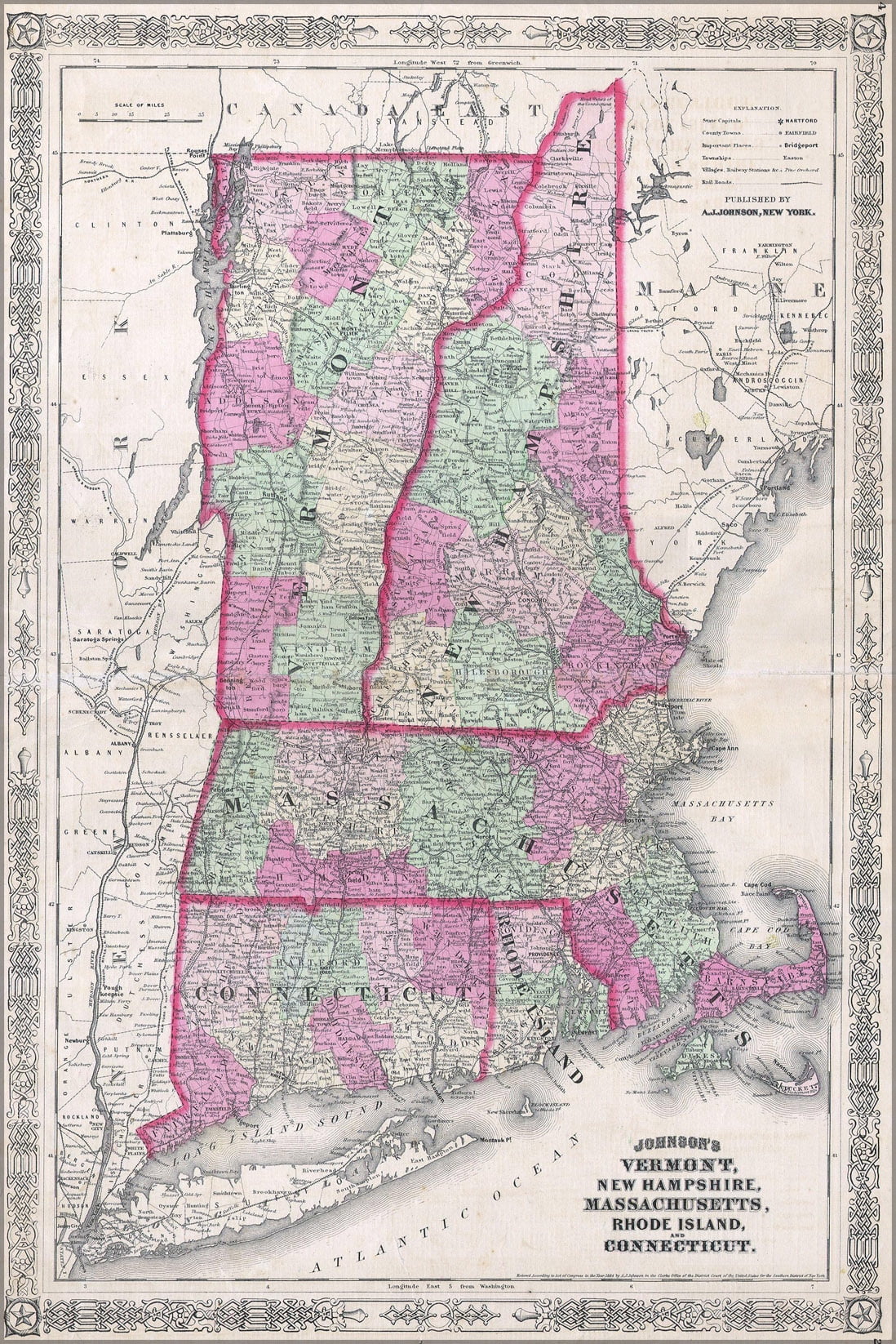 24"x36" Gallery Poster, 1864 Johnson's Map of New England (Vermont, New ...