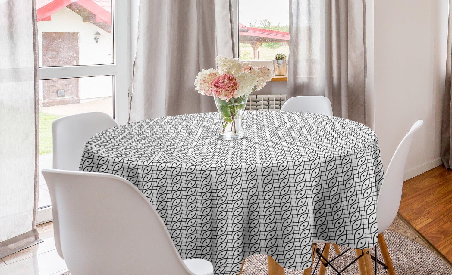 Geometric Round Tablecloth, Trippy Linked Leaf Shaped with Dots and ...
