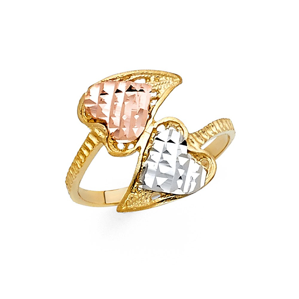14k Tri Color Solid Italian Gold Tension Double Heart Ring 15mm ...
