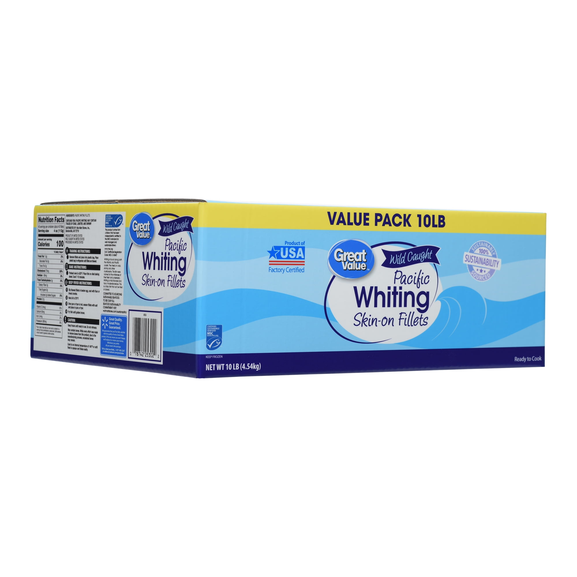 Great Value Frozen Wild Caught Pacific Whiting Fillets, Skin On, 10 lb ...