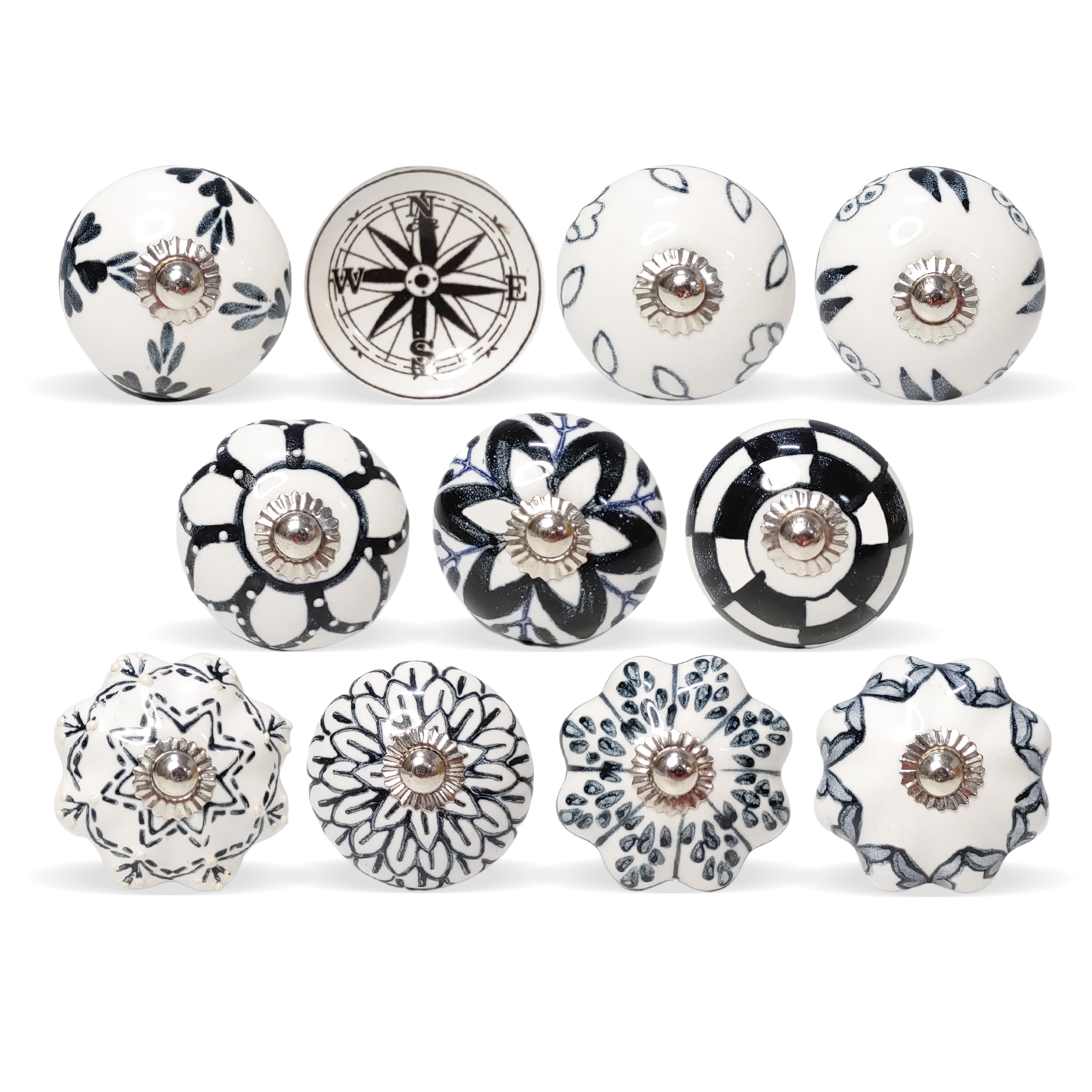 Hashcart Ceramic Black & White Decorative Knobs for Cabinet Dresser Drawer || Antique Floral ...