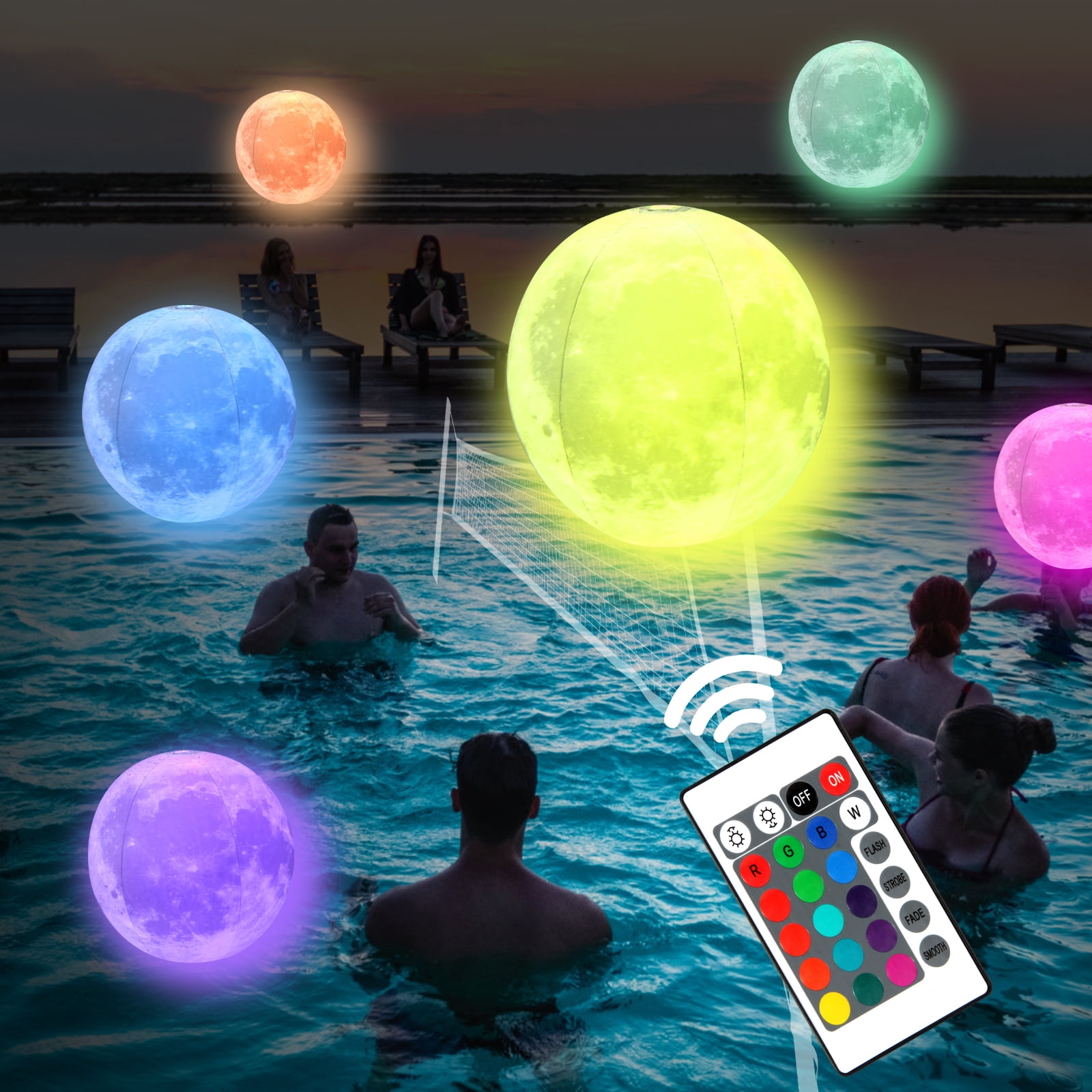 Pool Toys- Large 2 LED Beach Ball with Remote Control Moon Light Ball ...