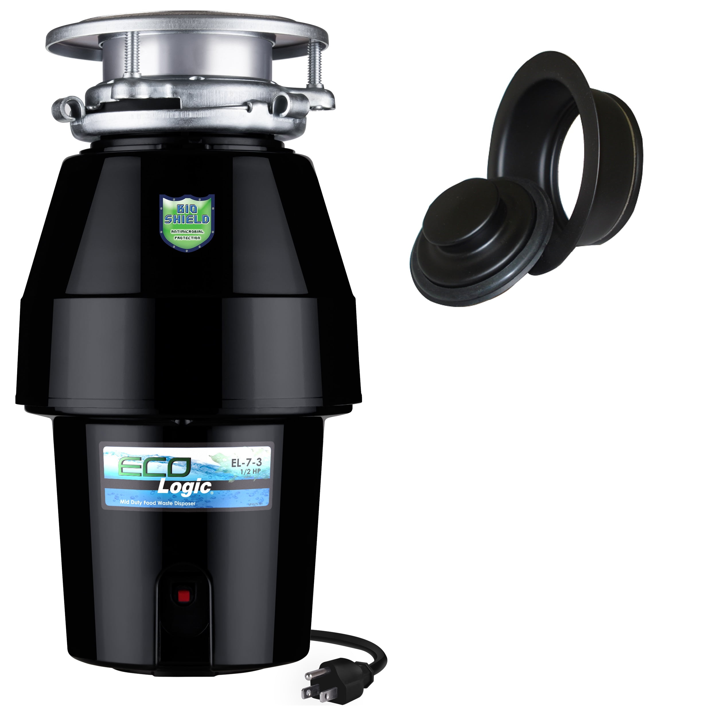 Eco Logic 1/2 HP Garbage Disposal with Black Sink Flange and Stopper 10 ...