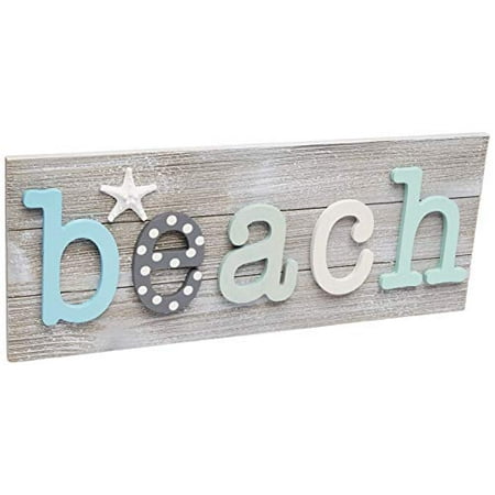 Real Wood Beach Word Sign with Sea Life | White Washed Finish | Hangs ...