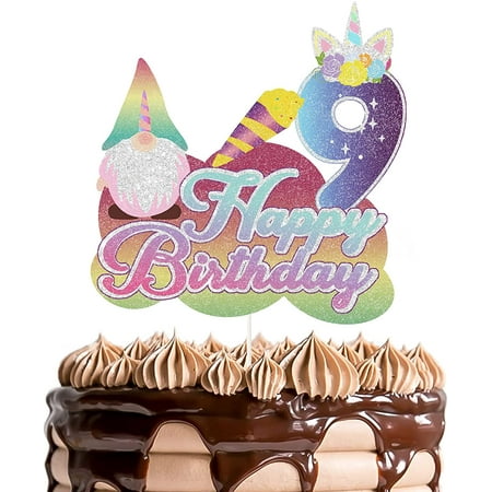 Happy 9th Birthday Cake Topper Unicorn,9 Cake Topper Girl,Unicorn Gnome ...