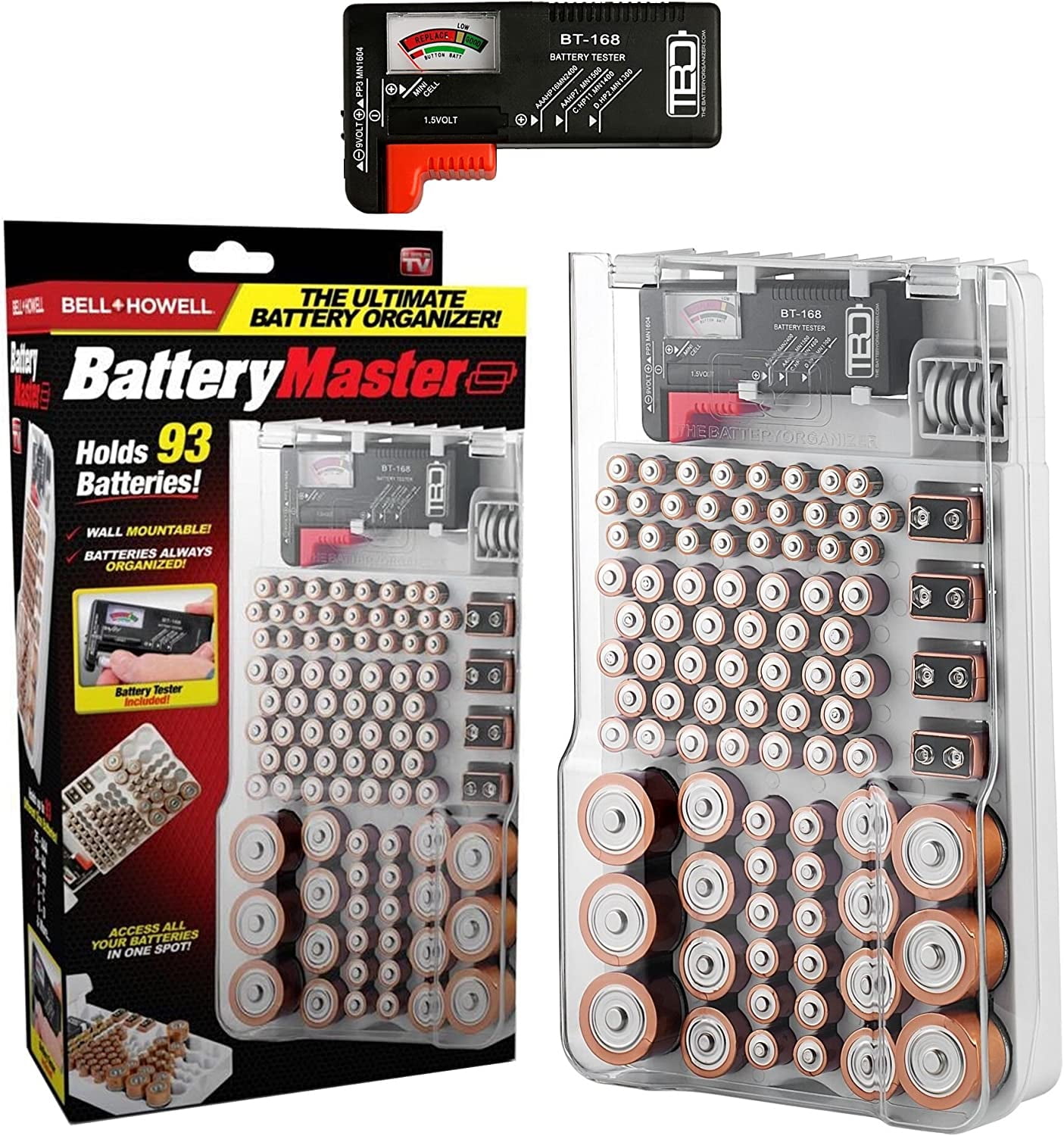 Battery Organizer Storage Case with Hinged Clear Cover, Battery Tester ...