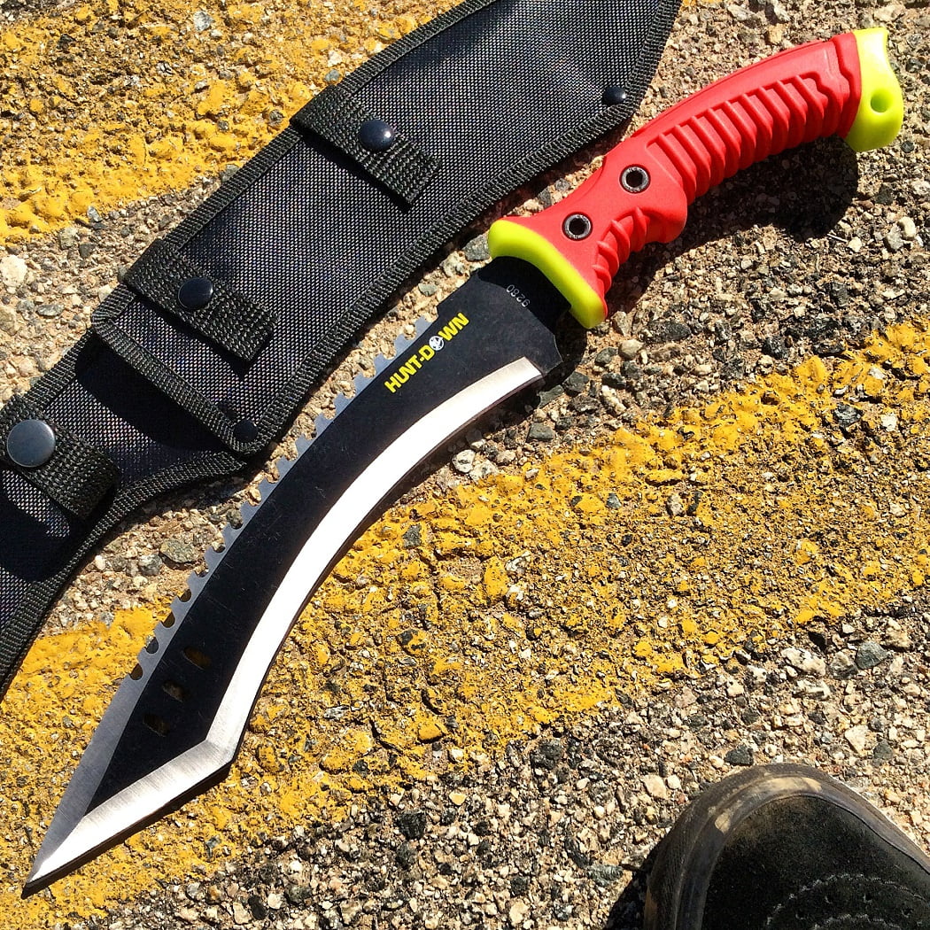 16' Hunt-Down Full Tang Hunting Knife with Red/Neon Green Rubber Handle ...