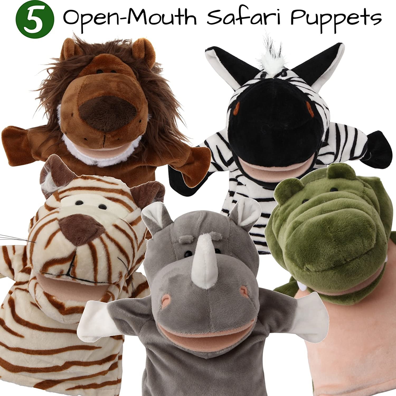 5-Piece Set Animal Hand Puppets with Open Movable Mouth / Zoo, Safari ...